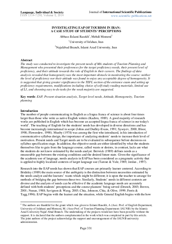 (PDF) Investigating Eap of Tourism in Iran: A Case Study of Students ...