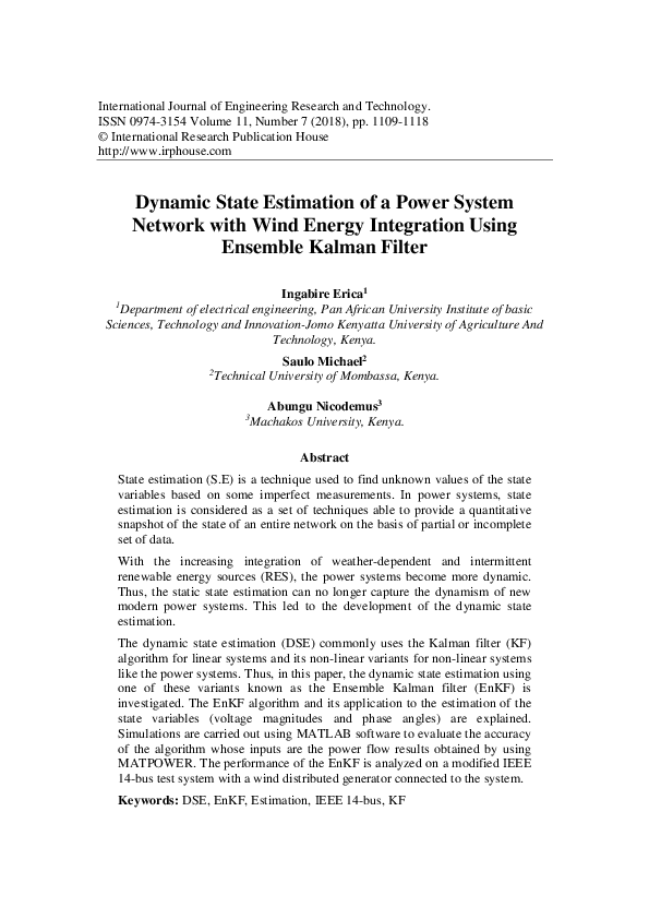 Pdf Dynamic State Estimation Of A Power System Network With Wind