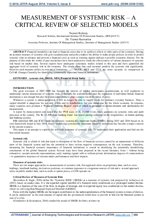 (PDF) Measurement of Systemic Risk – a Critical Review of Selected Models