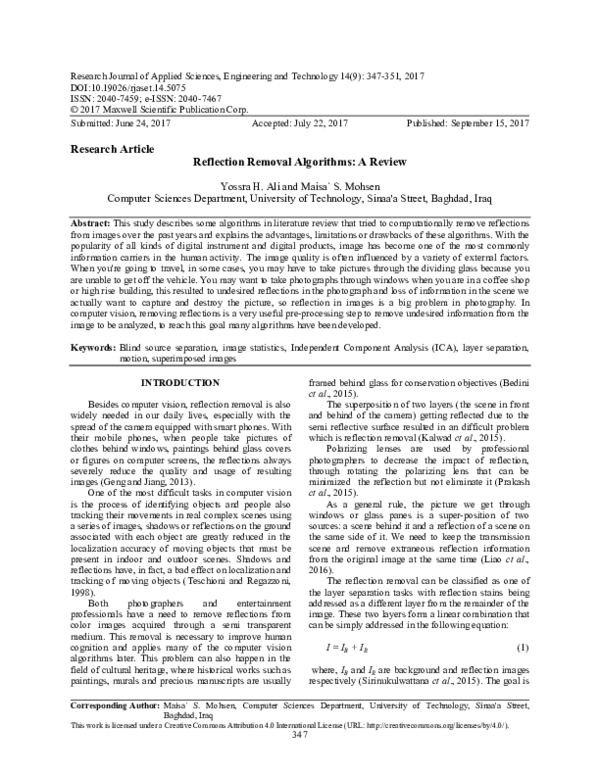 Pdf Reflection Removal Algorithms A Review