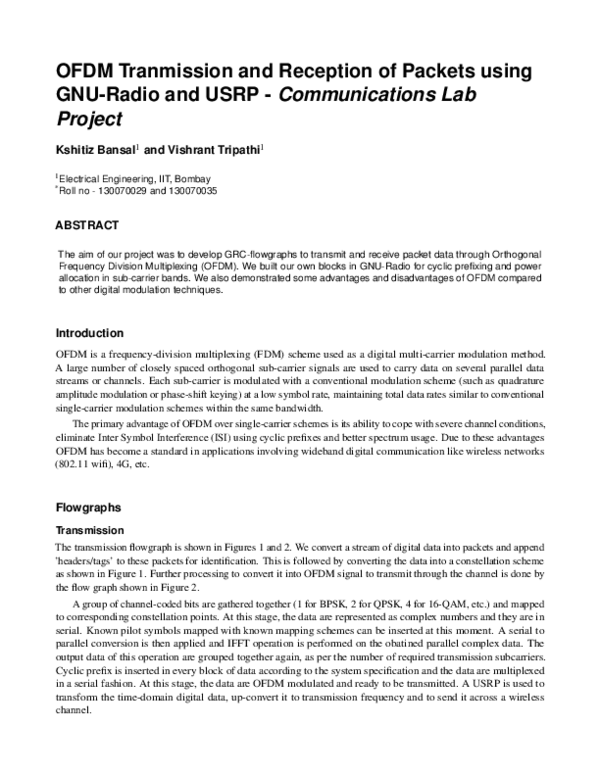 (PDF) OFDM Tranmission and Reception of Packets using GNU-Radio and USRP-Communications Lab Project