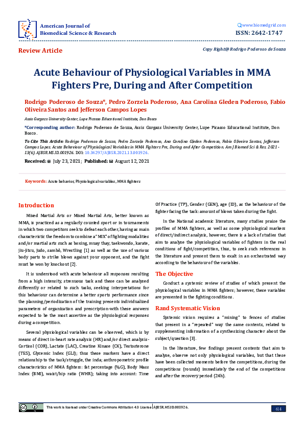 (PDF) Acute Behaviour of Physiological Variables in MMA Fighters Pre ... (PDF) Acute Behaviour of Physiological Variables in MMA Fighters Pre ...
