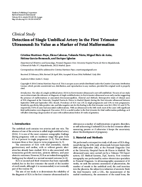 (PDF) Detection of Single Umbilical Artery in the First Trimester ... (PDF) Detection of Single Umbilical Artery in the First Trimester ...