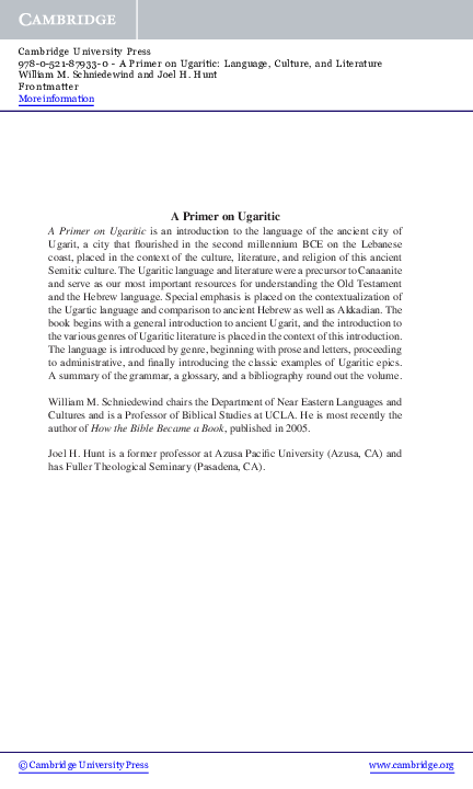 (PDF) A Primer on Ugaritic: Language, Culture and Literature