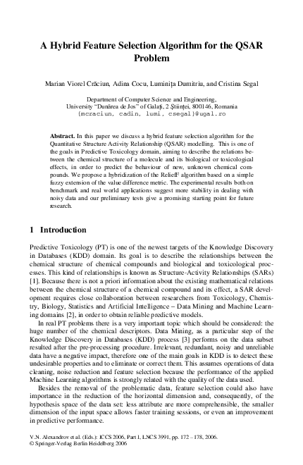 Pdf A Hybrid Feature Selection Algorithm For The Qsar Problem