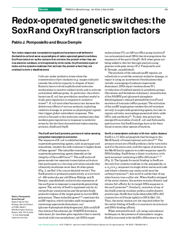 (PDF) Redox-operated genetic switches: the SoxR and OxyR transcription ...