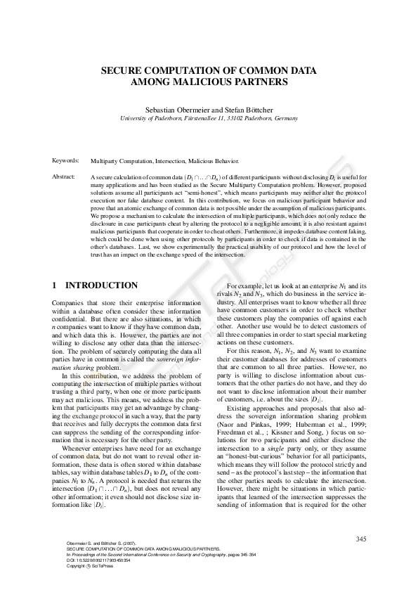 (PDF) Secure Computation of Common Data among Malicious Partners