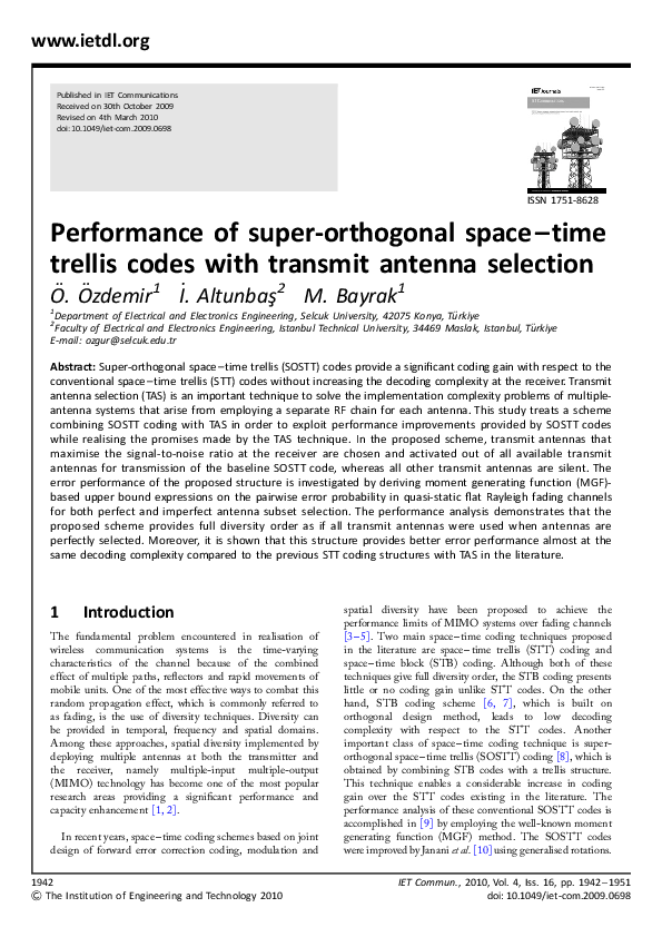 Pdf Performance Of Super Orthogonal Space Time Trellis Codes With Transmit Antenna Selection