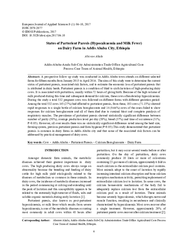 (PDF) Status of Parturient Paresis ( Hypocalcaemia and Milk Fever ) on ...
