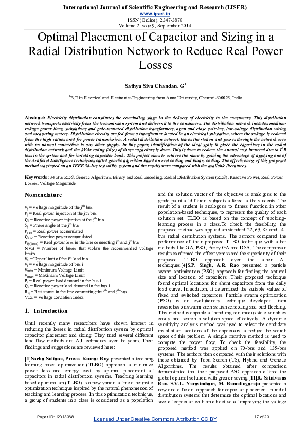 Pdf Optimal Placement Of Capacitor And Sizing In A Radial Distribution Network To Reduce Real