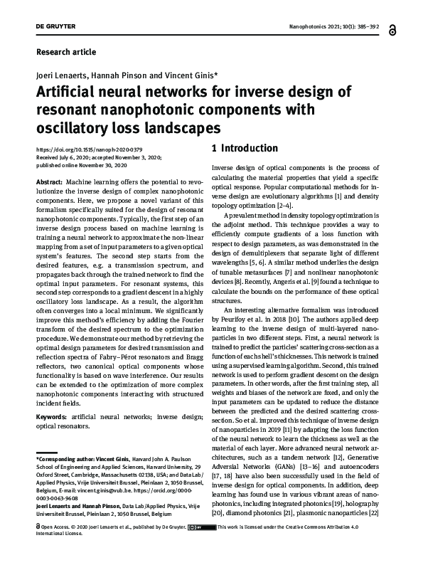 (PDF) Artificial neural networks for inverse design of resonant nanophotonic components with ...