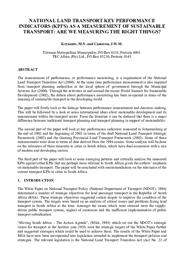 (PDF) National land transport key performance indicators (KPIs) as a ...