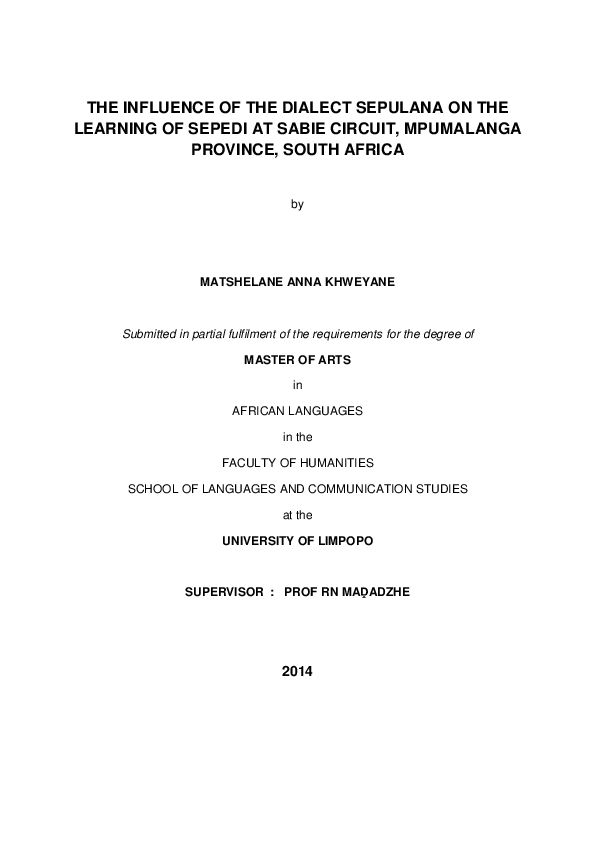 (PDF) The influence of the dialect Sepulana on learning of Sepedi at ...
