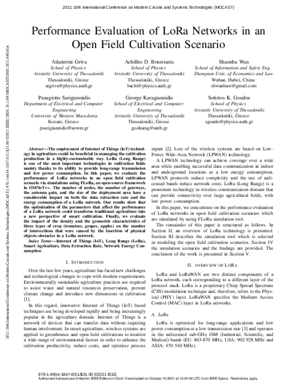 (PDF) Performance Evaluation of LoRa Networks in an Open Field Cultivation Scenario