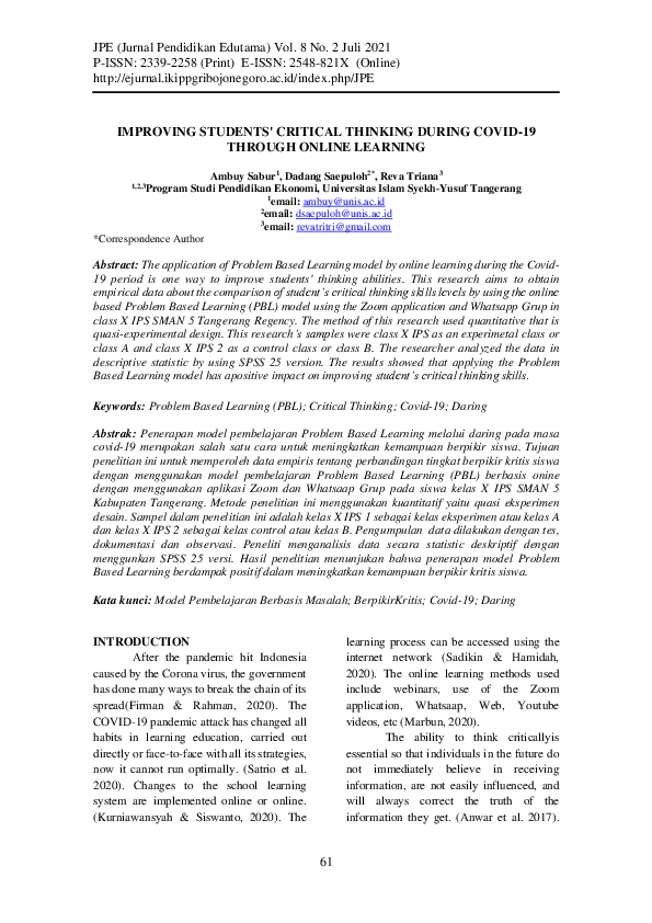 (PDF) Improving Students' Critical Thinking during Covid-19 through ...