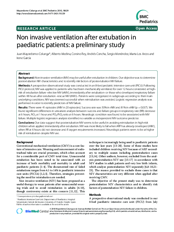 (PDF) Non invasive ventilation after extubation in paediatric patients ...