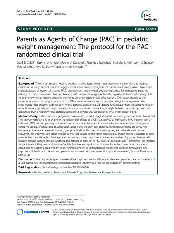 (PDF) Parents as Agents of Change (PAC) in pediatric weight management ...