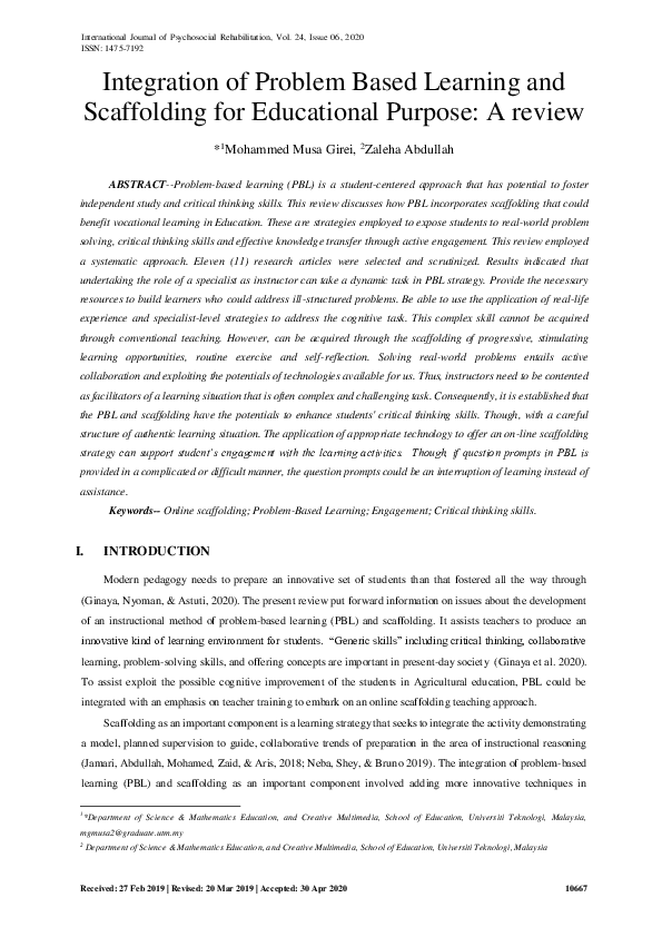 (PDF) Integration of Problem Based Learning and Scaffolding for Educational Purpose: A review