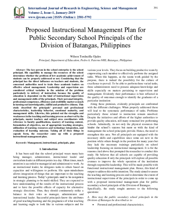 (PDF) Proposed Instructional Management Plan for Public Secondary ...