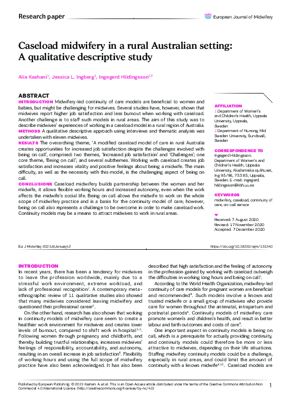 (PDF) Caseload midwifery in a rural Australian setting: A qualitative ...