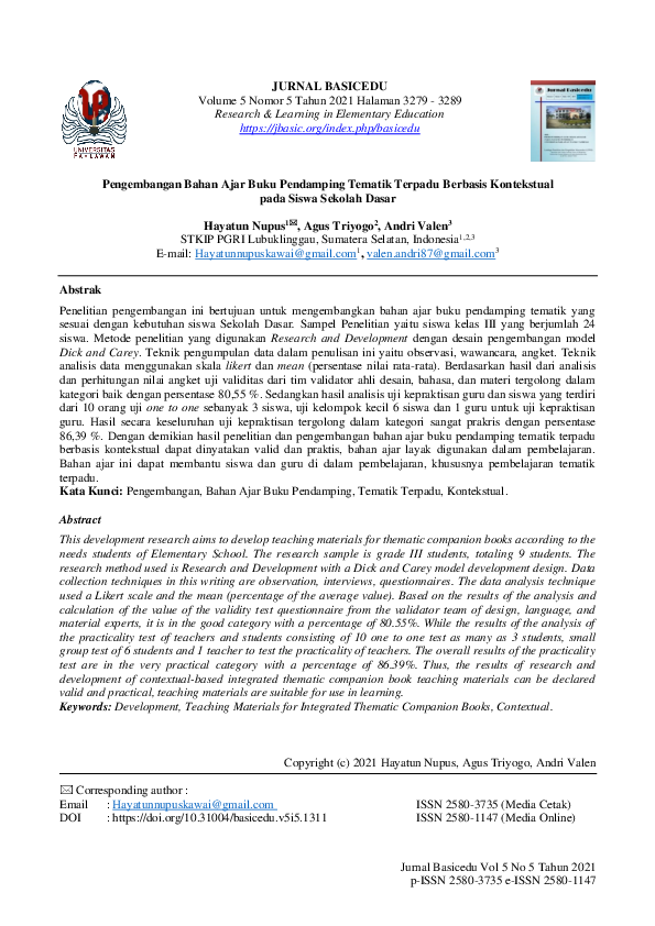 (PDF) Pengembangan Bahan Ajar Buku Pendamping Tematik Terpadu Berbasis Kontekstual pada Siswa ...