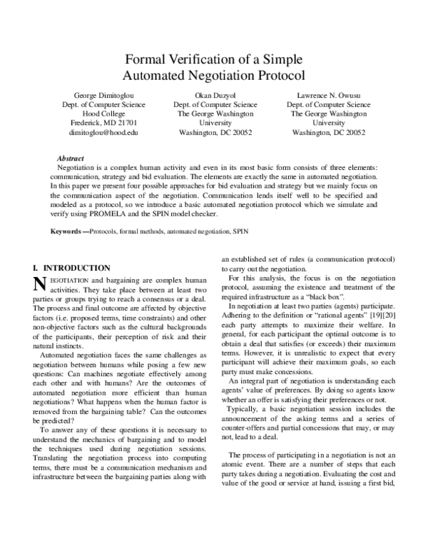 (PDF) Formal Verification of a Simple Automated Negotiation Protocol