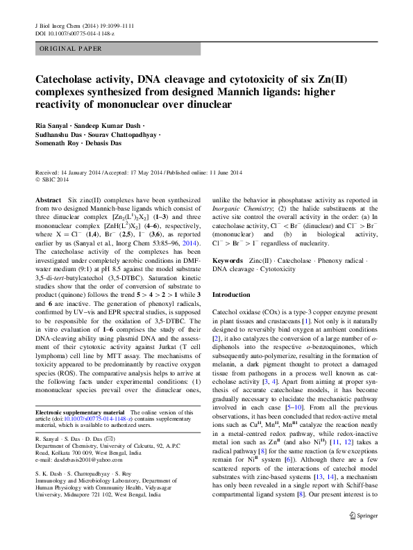 (PDF) Catecholase activity, DNA cleavage and cytotoxicity of six Zn(II ...