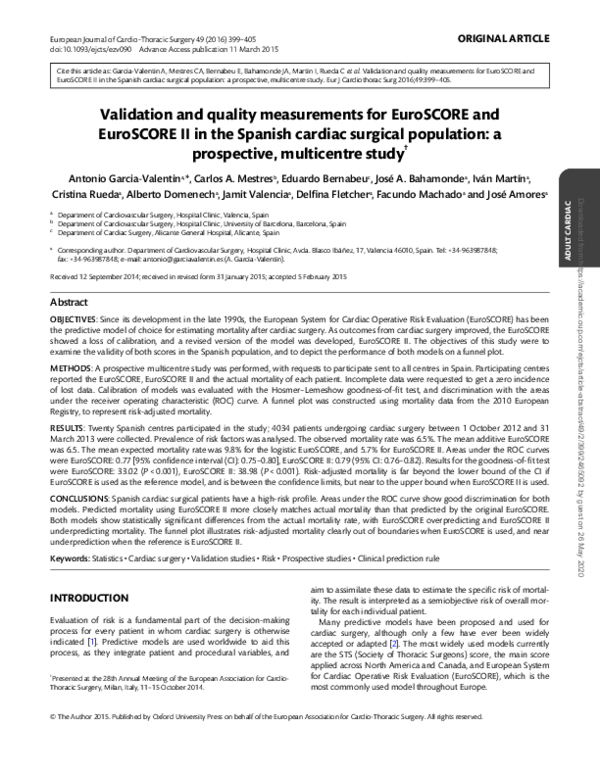 (PDF) Validation and quality measurements for EuroSCORE and EuroSCORE ...