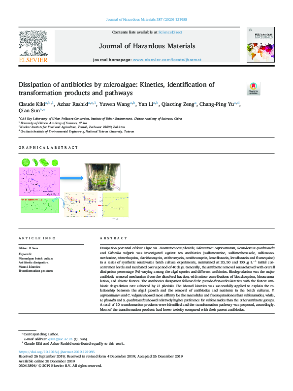 (PDF) Dissipation of antibiotics by microalgae: Kinetics, identification of transformation ...