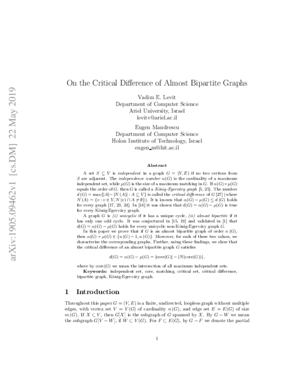 (PDF) On the critical difference of almost bipartite graphs