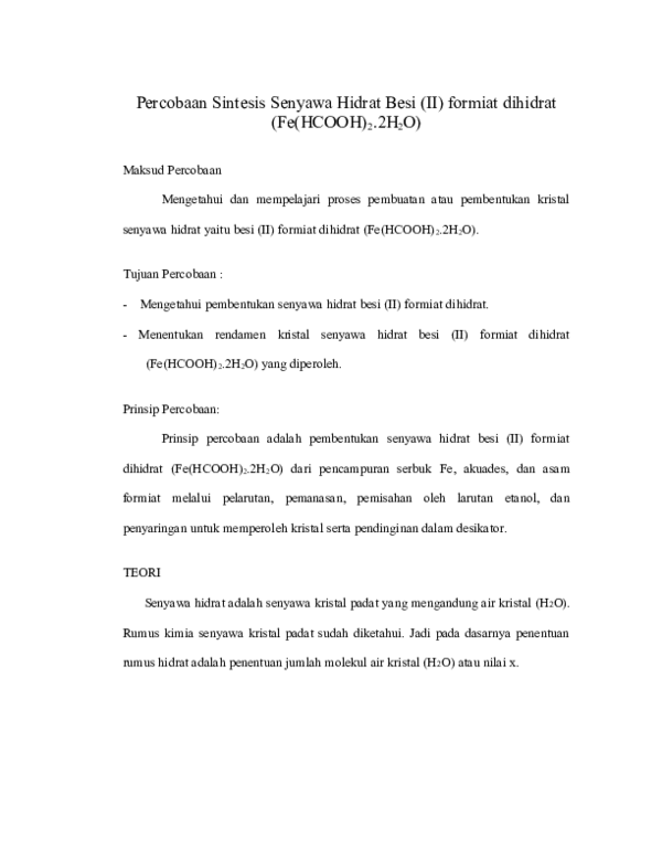 (DOC) Percobaan Sintesis Senyawa Hidrat Besi (II) formiat dihidrat (Fe ...