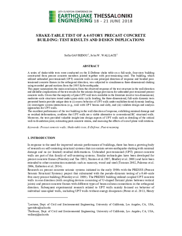 (PDF) Shake-Table Test of a 4-STORY Precast Concrete Building: Test ...