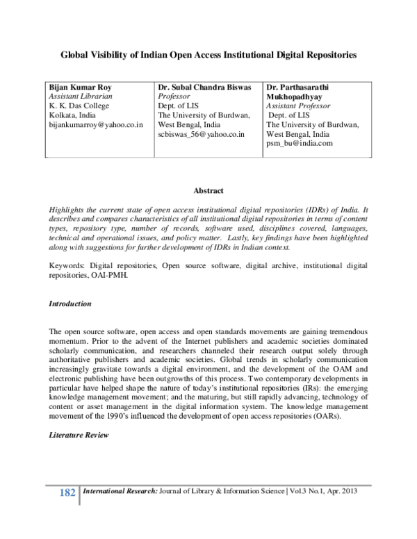 (PDF) Indian Open Access Digital Repositories: Overview