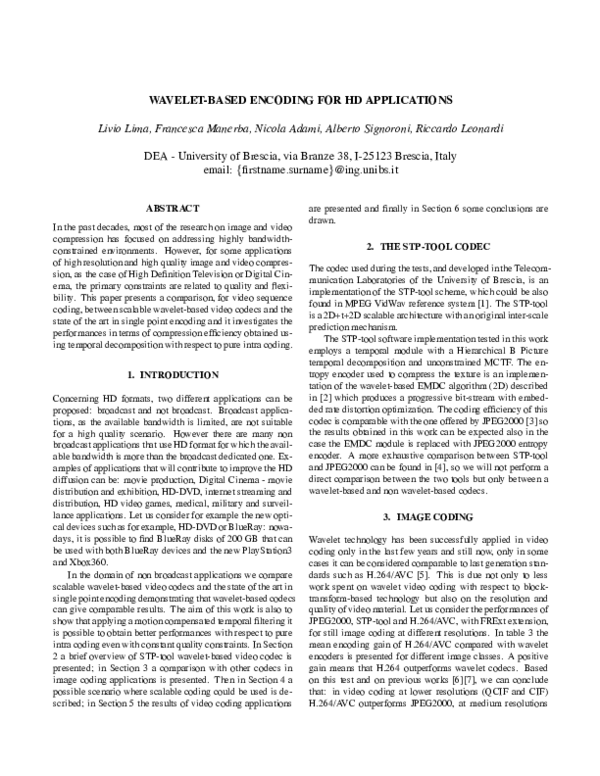 Pdf Wavelet Based Encoding For Hd Applications