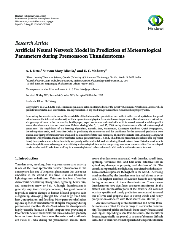 Pdf Artificial Neural Network Model In Prediction Of Meteorological Parameters During