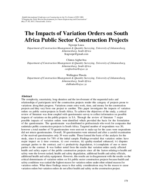 (PDF) The impacts of variation orders on South Africa public sector ...