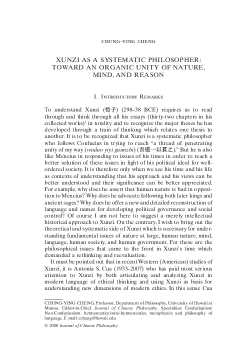(PDF) Xunzi as a Systematic Philosopher: Toward an Organic Unity of ...