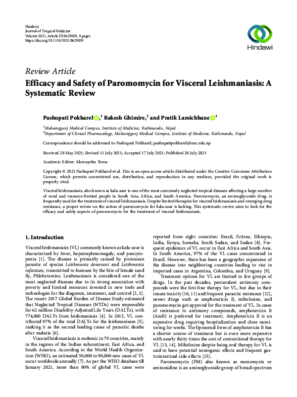 (PDF) Efficacy and Safety of Paromomycin for Visceral Leishmaniasis: A ...