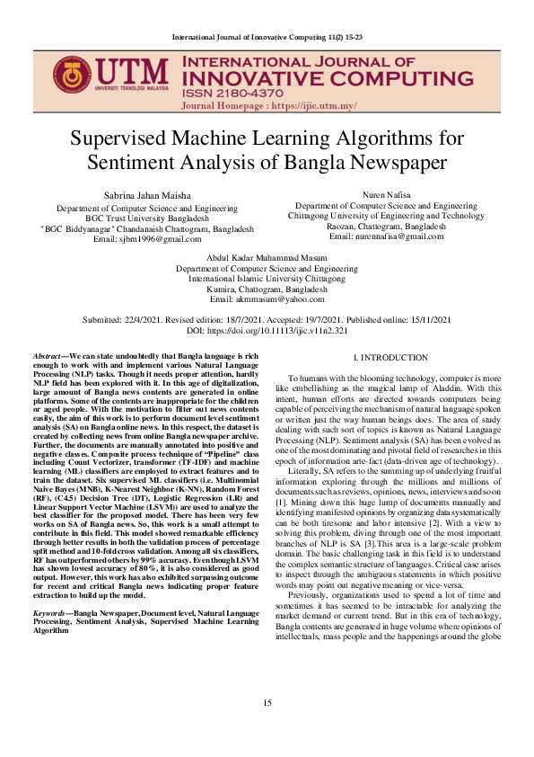 Pdf Supervised Machine Learning Algorithms For Sentiment Analysis Of 3208