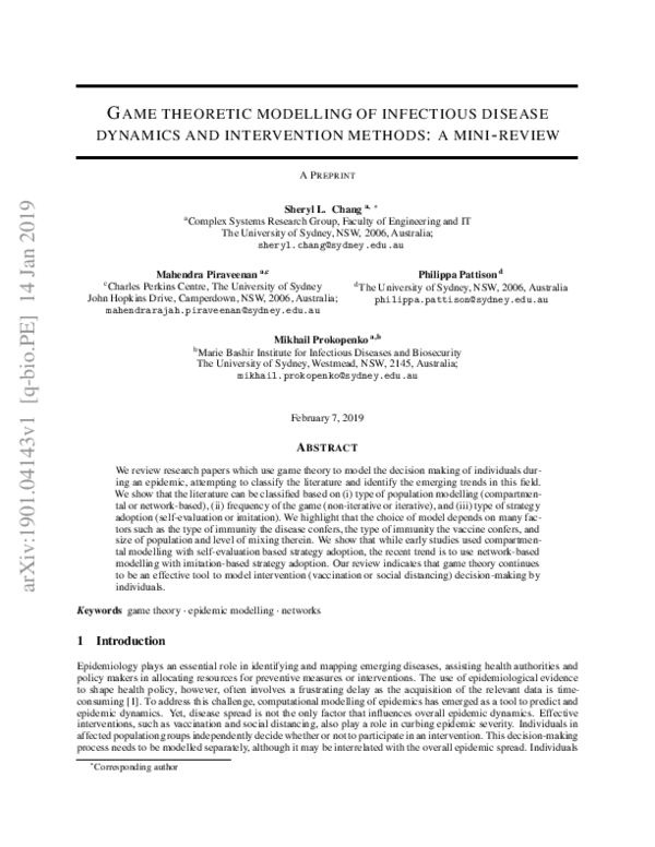 Pdf Game Theoretic Modelling Of Infectious Disease Dynamics And Intervention Methods A Review