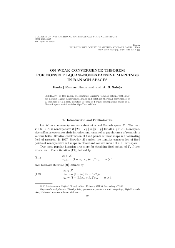 (PDF) On Weak Convergence Theorem for Nonself I-Quasi-Nonexpansive Mappingsin Banach Spaces