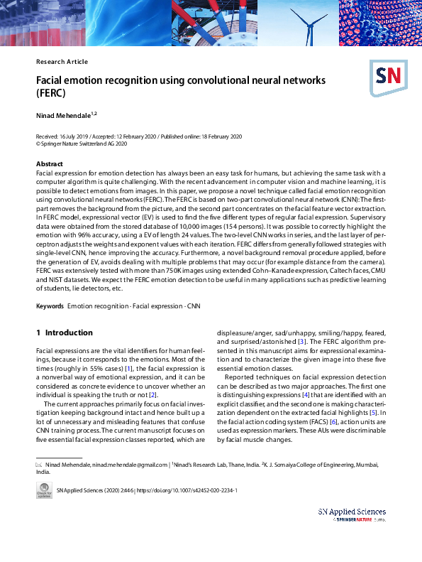 (PDF) Facial emotion recognition using convolutional neural networks (FERC)