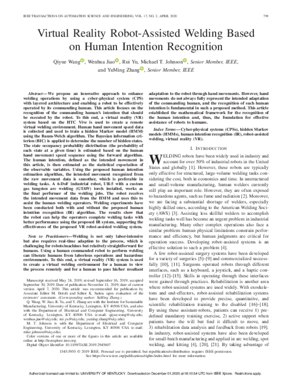 (PDF) Virtual Reality Robot-Assisted Welding Based on Human Intention Recognition