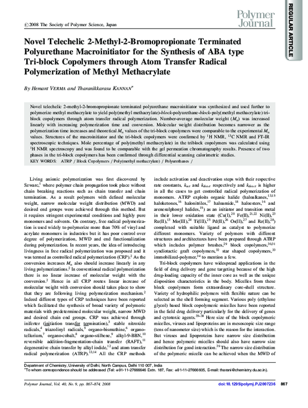 (PDF) Novel Telechelic 2-Methyl-2-Bromopropionate Terminated ...