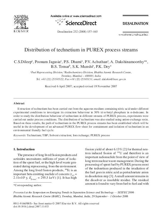(PDF) Distribution of technetium in PUREX process streams
