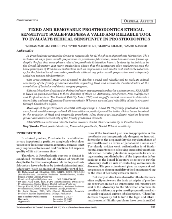 (PDF) Fixed and Removable Prosthodontics Ethical Sensitivity Scale-Farpess