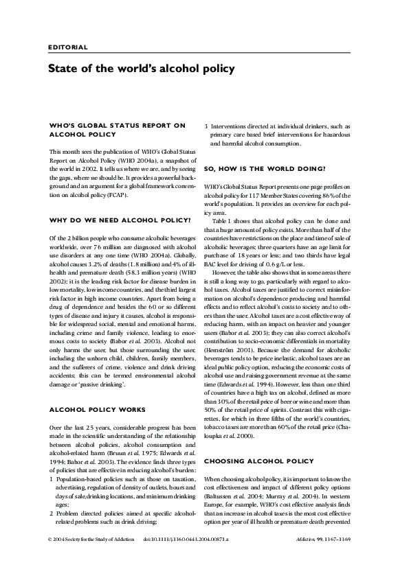 (PDF) State of the world's alcohol policy