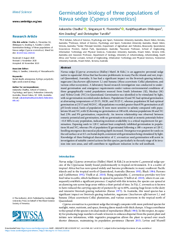 (PDF) Germination biology of three populations of Navua sedge (Cyperus ...