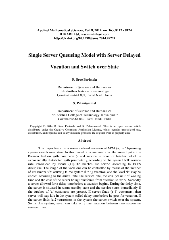(PDF) Single server queueing model with server delayed vacation and ...