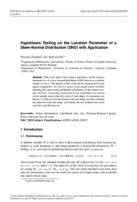 Pdf Hypothesis Testing On The Location Parameter Of A Skew Normal